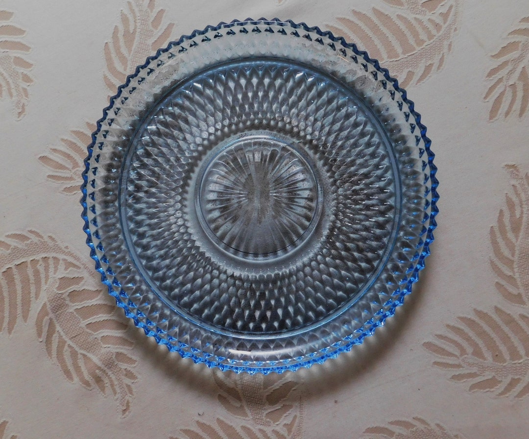 Vintage Indiana Blue Diamond Glass Serving Plate/thick Heavy Starburst ...
