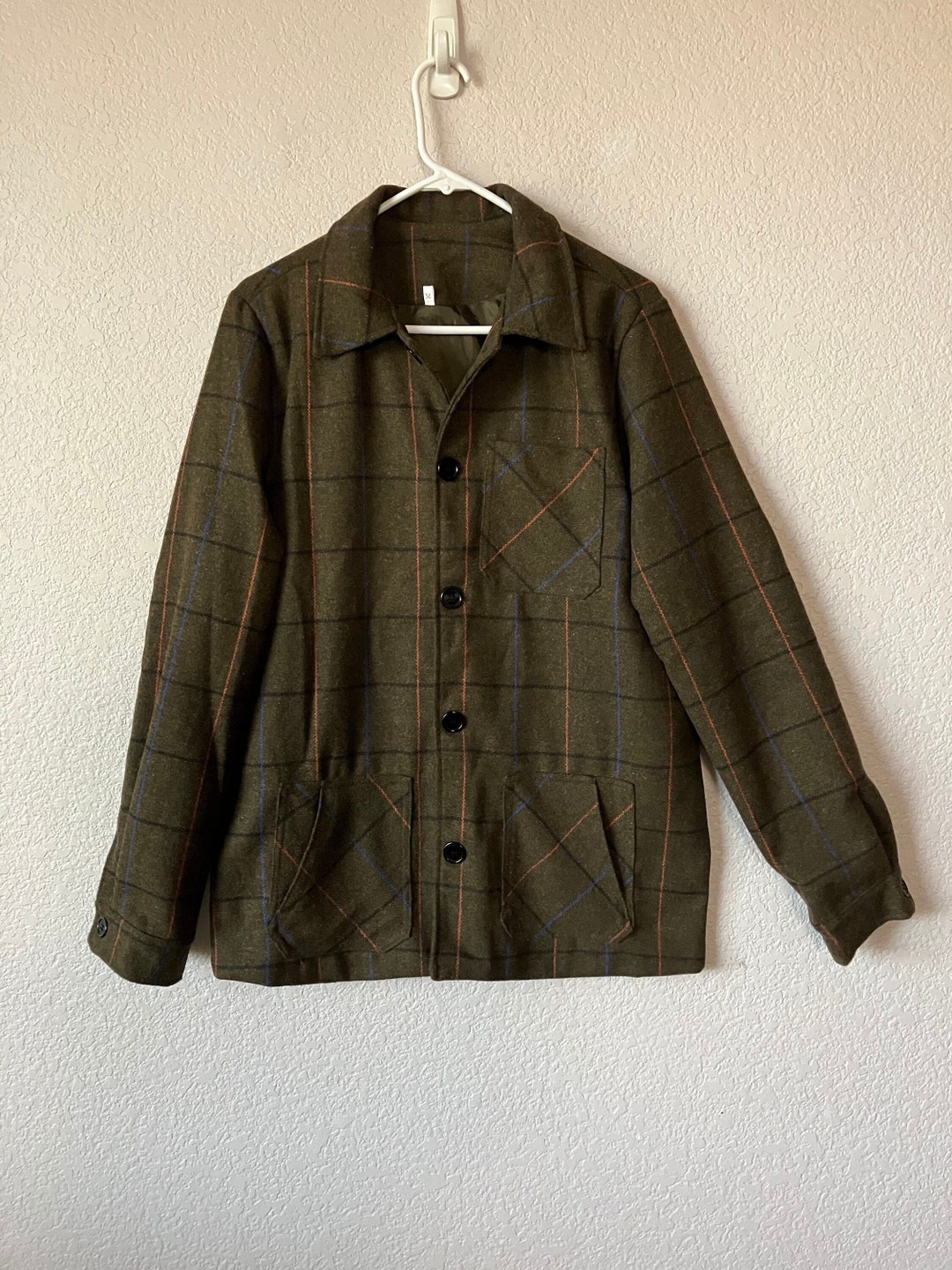 Vintage Men's Size M Olive Green CHECKER Wool Jacket/dark Gray Orange ...