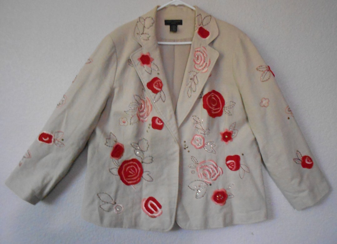 Anne Carson Size 2X Beige Jacket/embellished Linen Cotton Beads Flowers ...