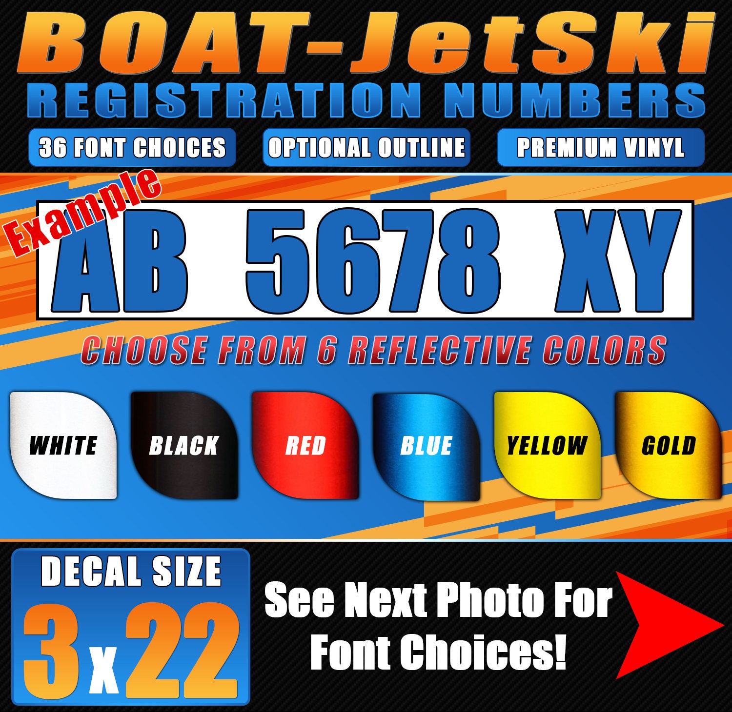 3x22" Reflective Boat Registration Numbers Vinyl Decal CUSTOM Boat ...