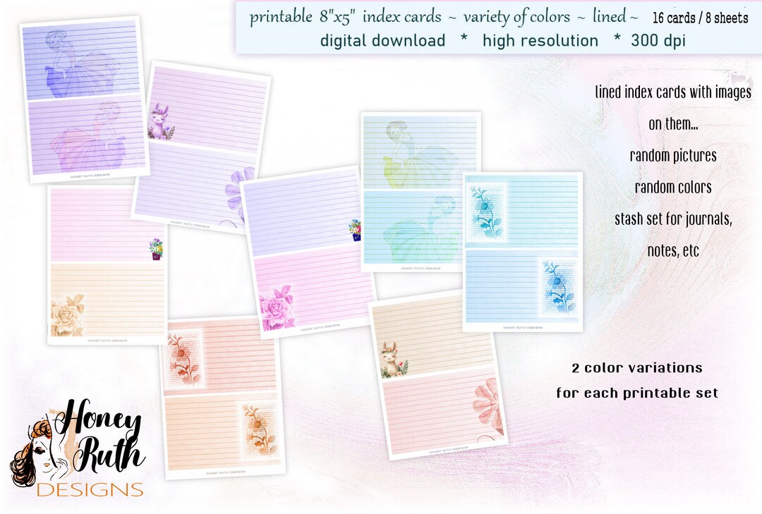 Printable Lined Index Cards With Images 8x5 Colorful Background Note ...