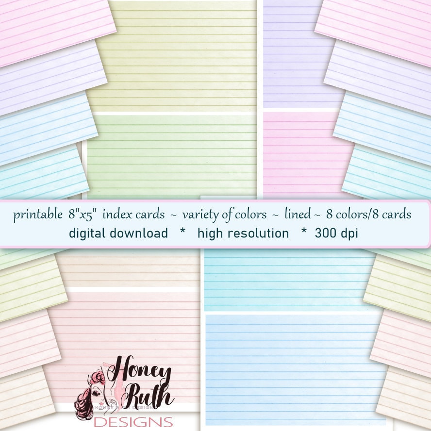 Printable Lined Index Cards 8x5 Colorful Background Note Card Set ...