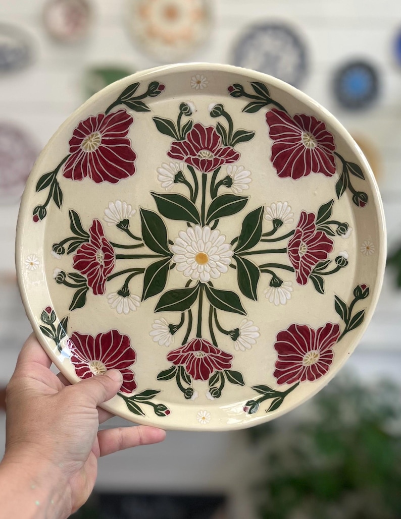 Crimson and White Poppy Floral Mandala Plate 11" - Etsy