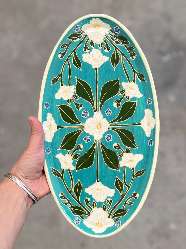 Special Turquoise White Poppy Art Nouveau Platter - Etsy