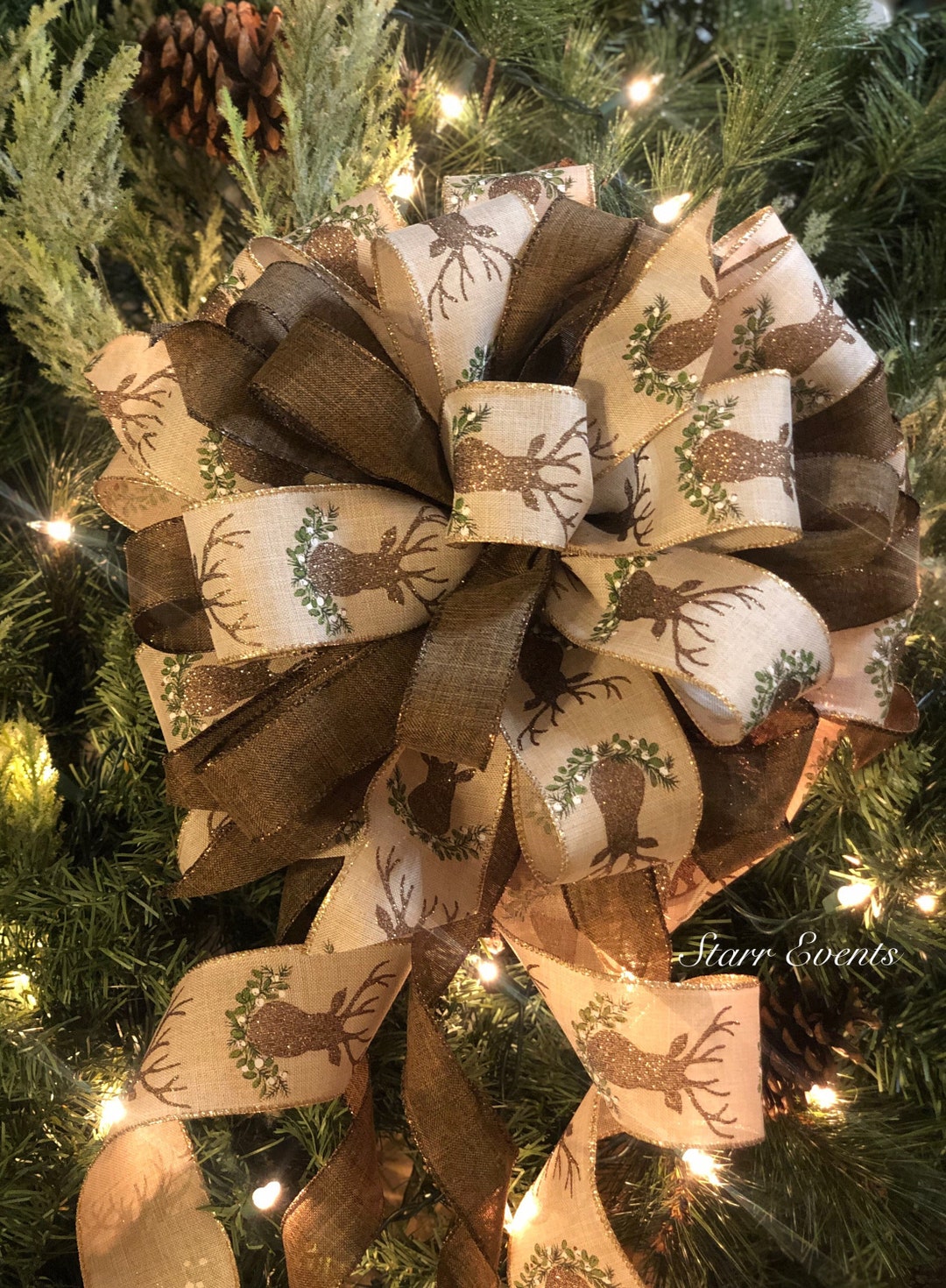 Rustic Christmas Tree Topper Rustic Deer Christmas Tree Bows Faux ...