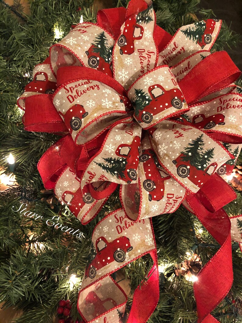 Rustic Christmas Tree Topper. Christmas Tree Bows. Red Truck | Etsy