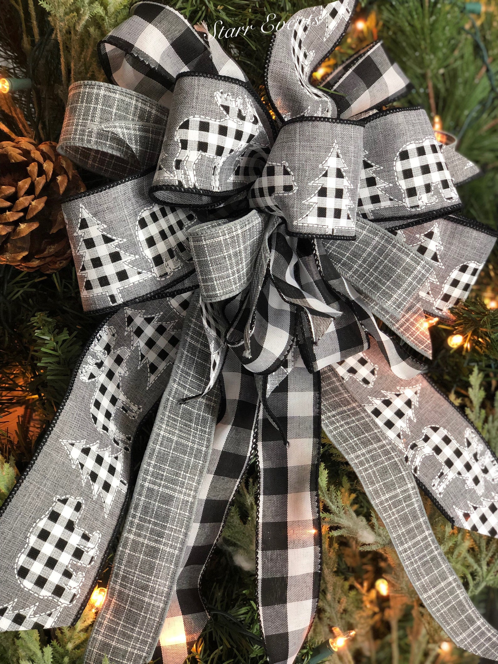 Gray Christmas Bow Black and White Buffalo Plaid Bow Farmhouse ...