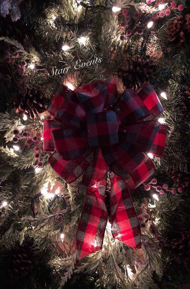 Red Plaid Bow. Rustic Christmas Decor. Red Black and White Plaid Bow ...