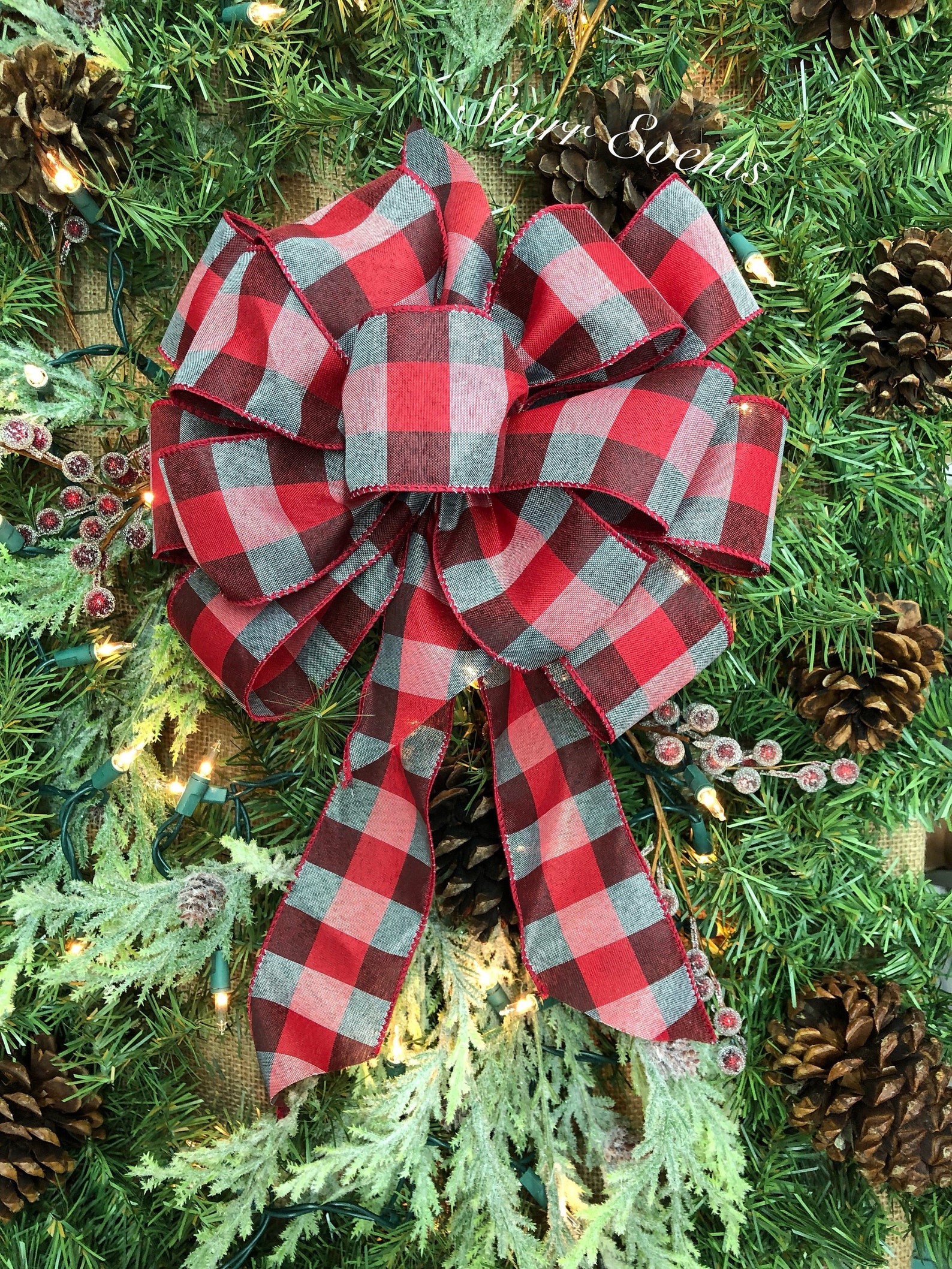 Red Plaid Bow. Rustic Christmas Decor. Red Black and White Plaid Bow ...
