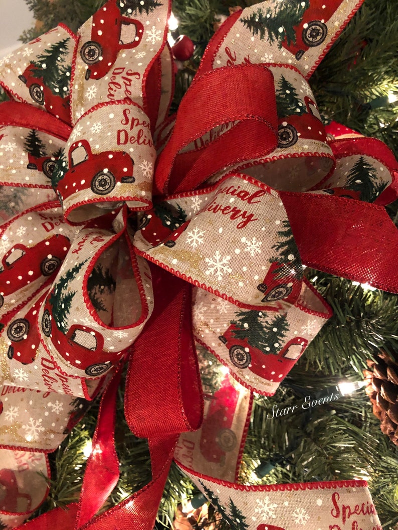 Rustic Christmas Tree Topper. Christmas Tree Bows. Red Truck | Etsy