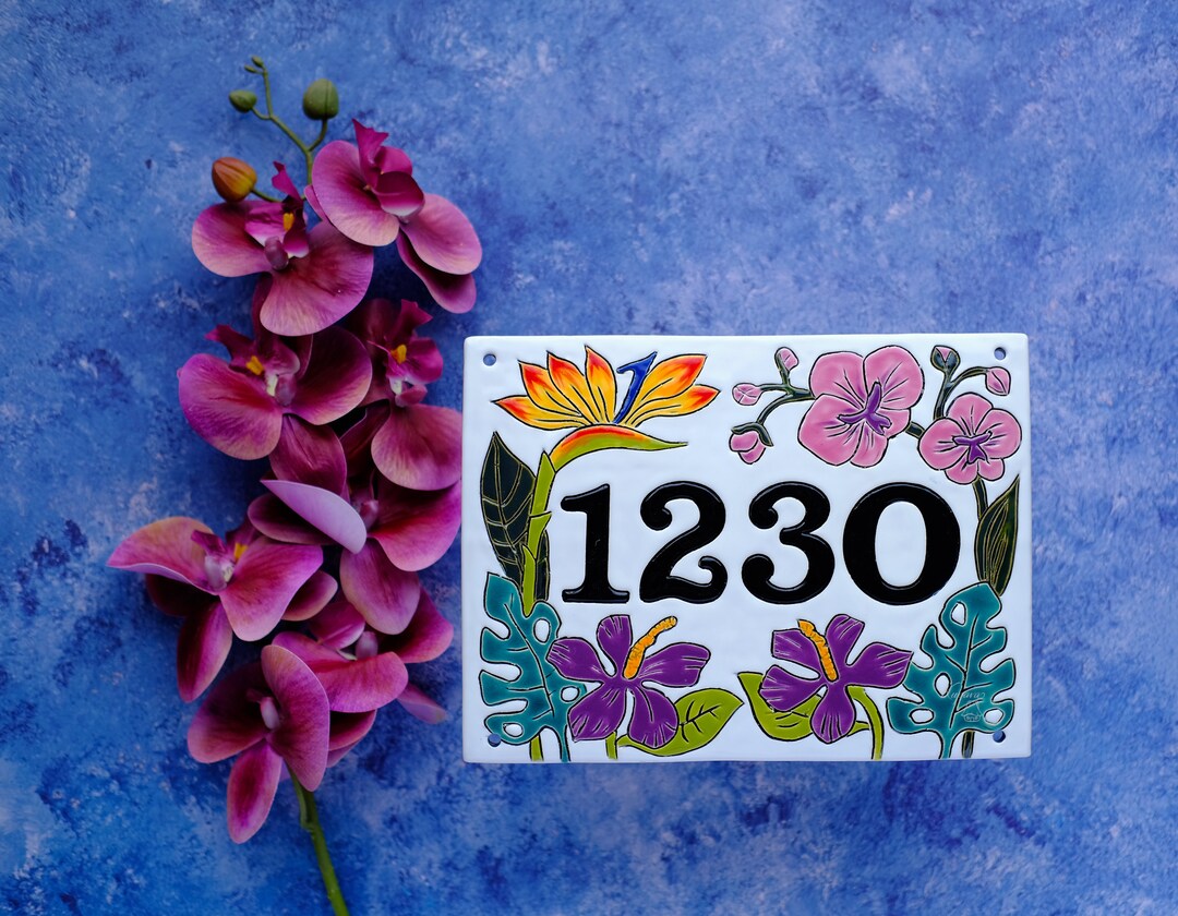 Personalized Address Plaque With Tropical Flowers and Palm - Etsy