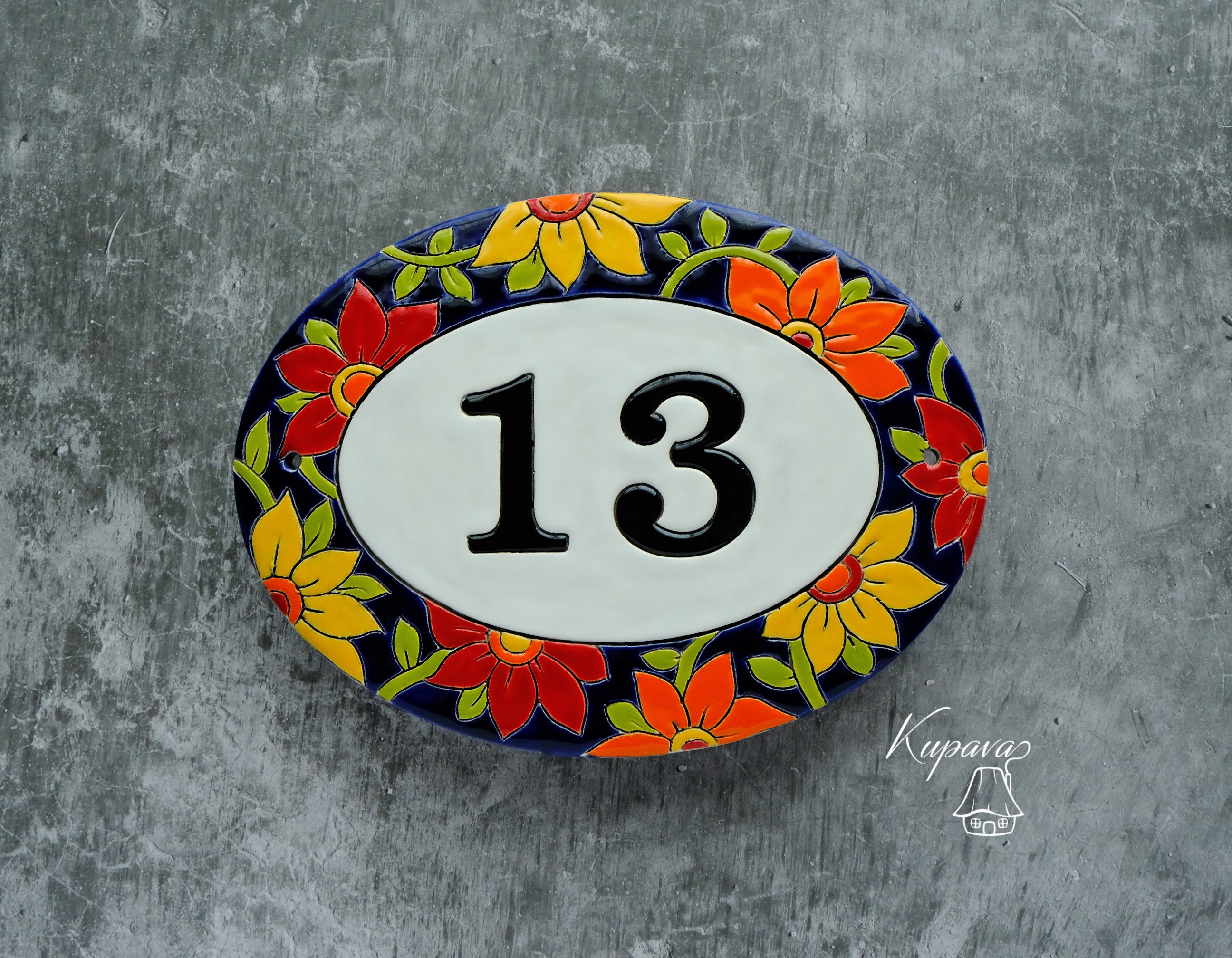 Modern Dark Blue Black Oval Address Plaque Hand Painted Ceramic House ...