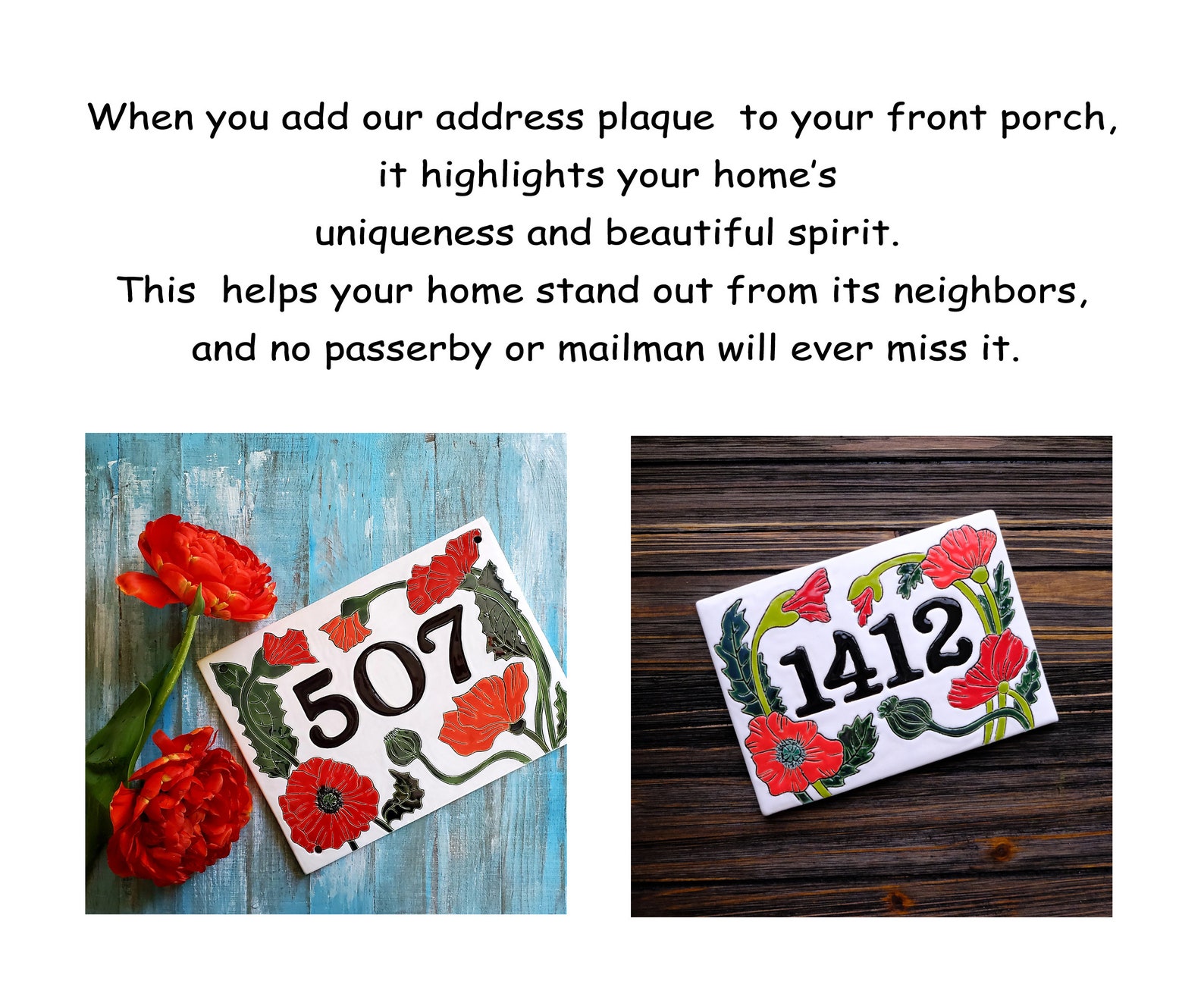 Custom Floral House Number Tile With Red Poppies, Address Door Plaque ...