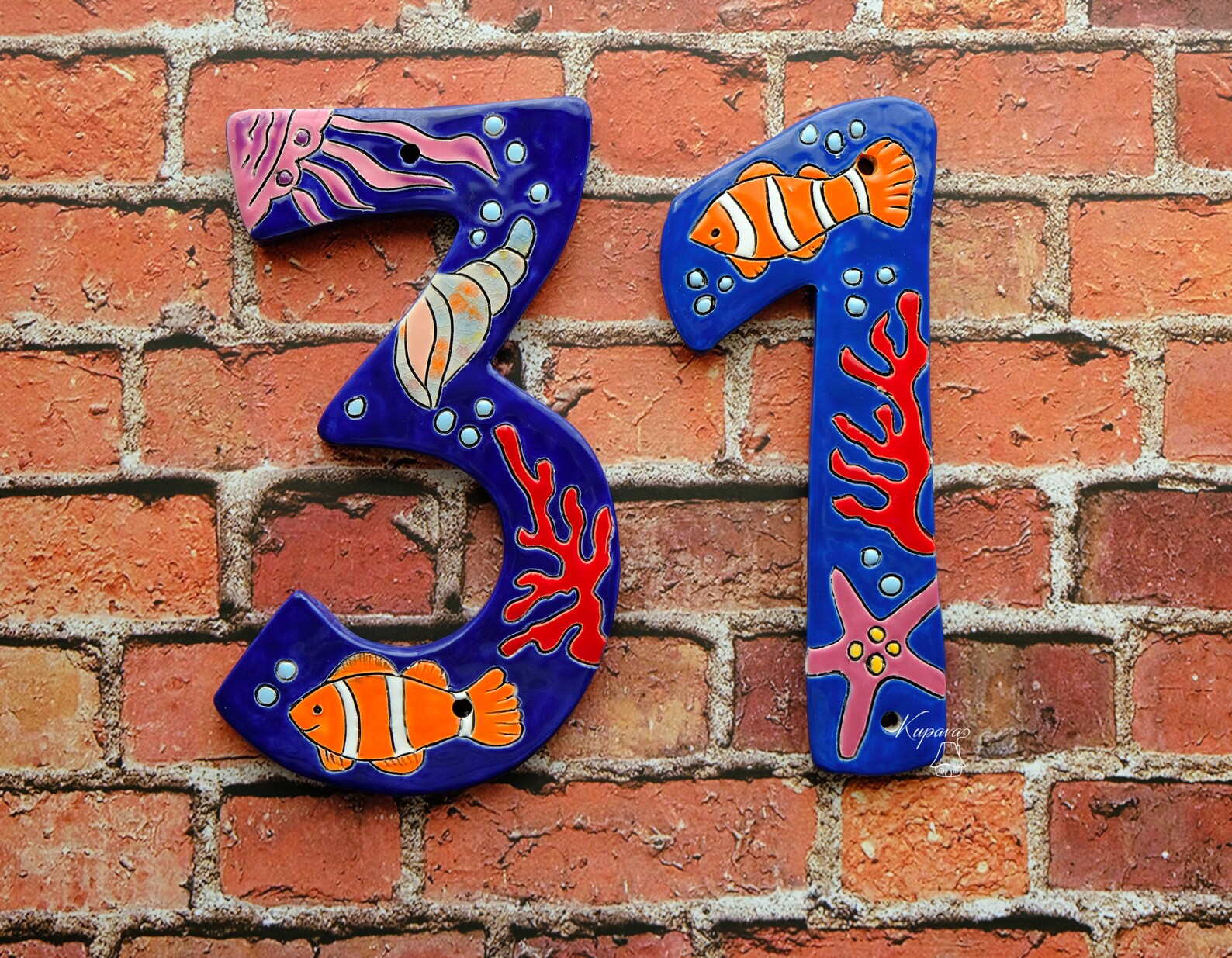 Custom House Numbers Tile With Tropical Fish, Coastal Address Sign ...
