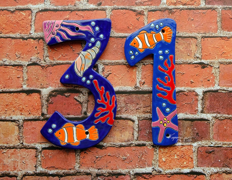 Custom House Numbers Tile With Tropical Fish Coastal Address - Etsy