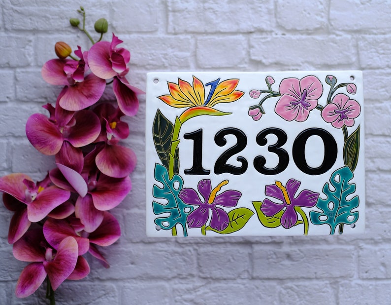 Tropical Botanical Address Plaque With Orchid and Bird of Paradise ...