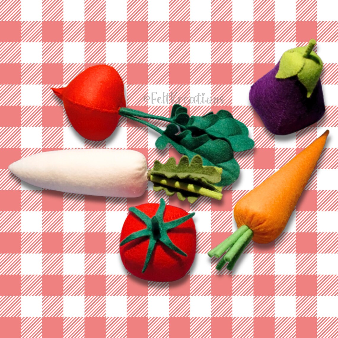 Felt Vegetables Set V Felt Pattern Tutorial - Raddish Eggplant Tomato ...