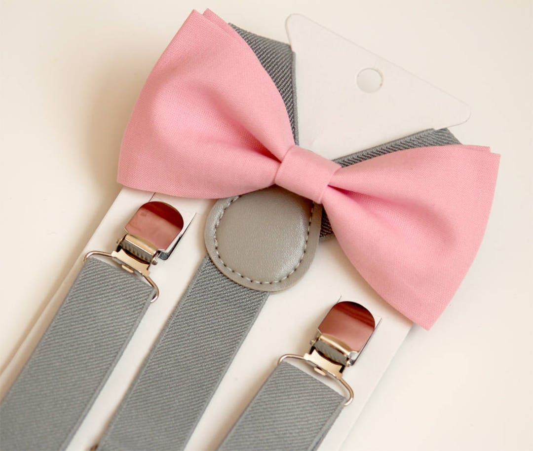 Bow Tie & Suspenders SET, Pink Bow Tie, Gray Suspenders, Kid's ...