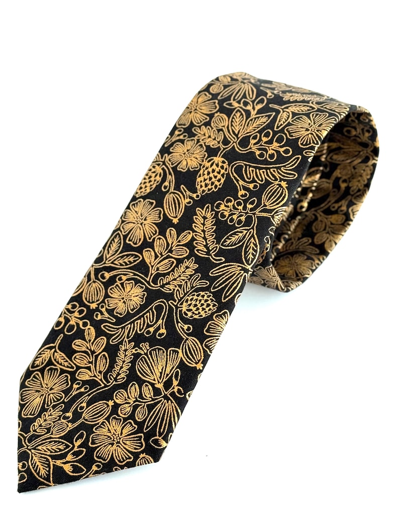Black Gold Floral Necktie, Bow Tie, Pocket Square, Metallic Gold ...