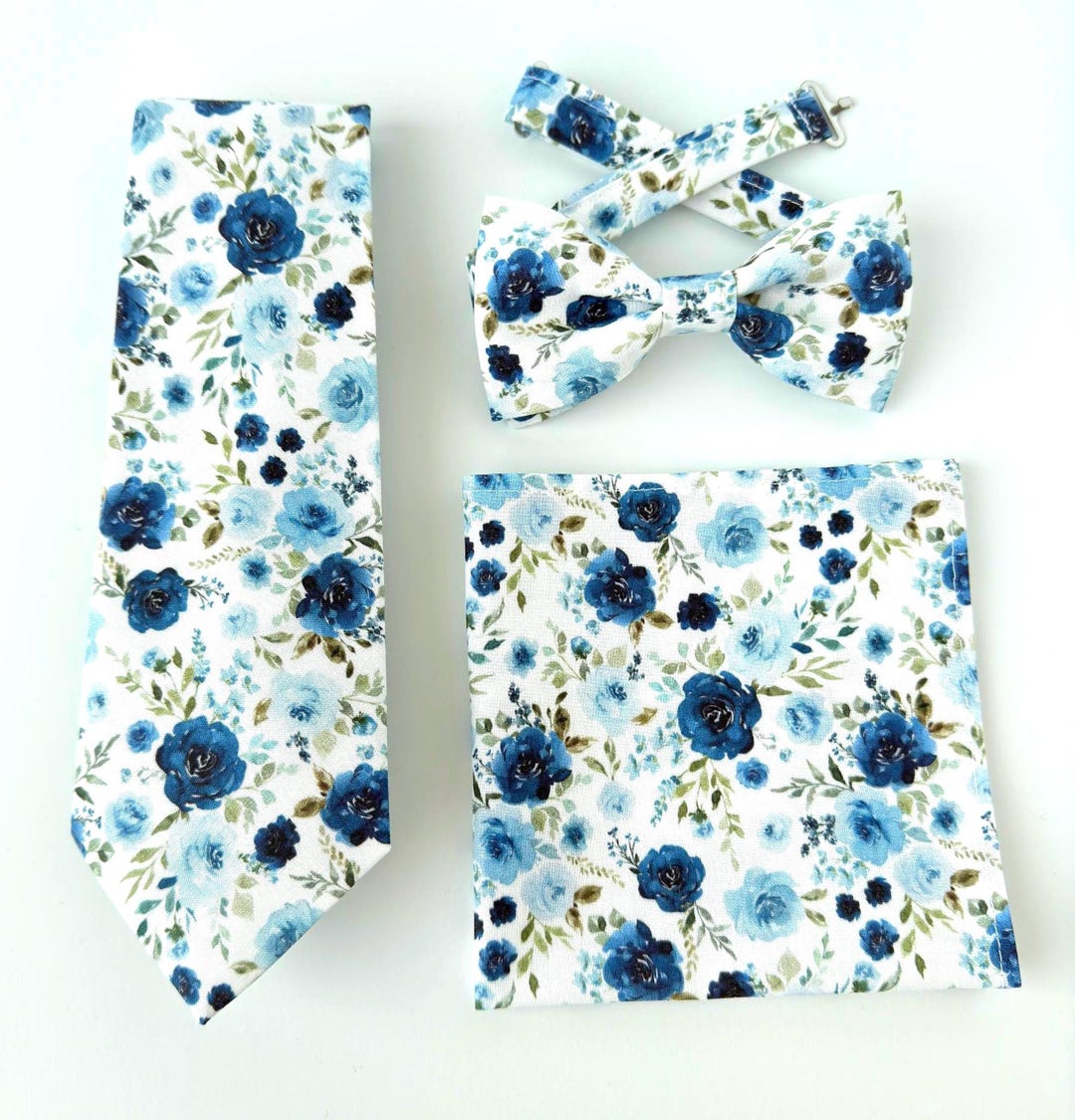 Blue Floral Necktie, Bow Tie, Pocket Square for Men and Boys, Wedding ...