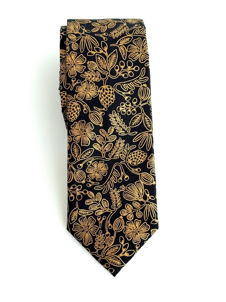 Black Gold Floral Necktie, Bow Tie, Pocket Square, Metallic Gold ...