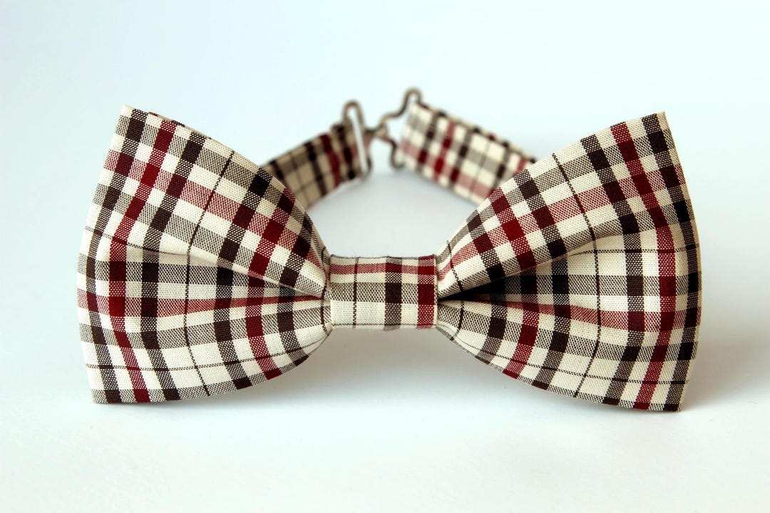 Tan Plaid Bow Tie for Men and Boys, Stylish Burgundy Plaid Bow Tie ...