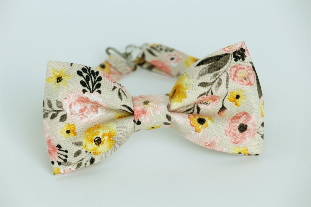 Beige Floral Bow Tie, Mens Wedding Bow Tie, Beige and Yellow Bow Tie ...