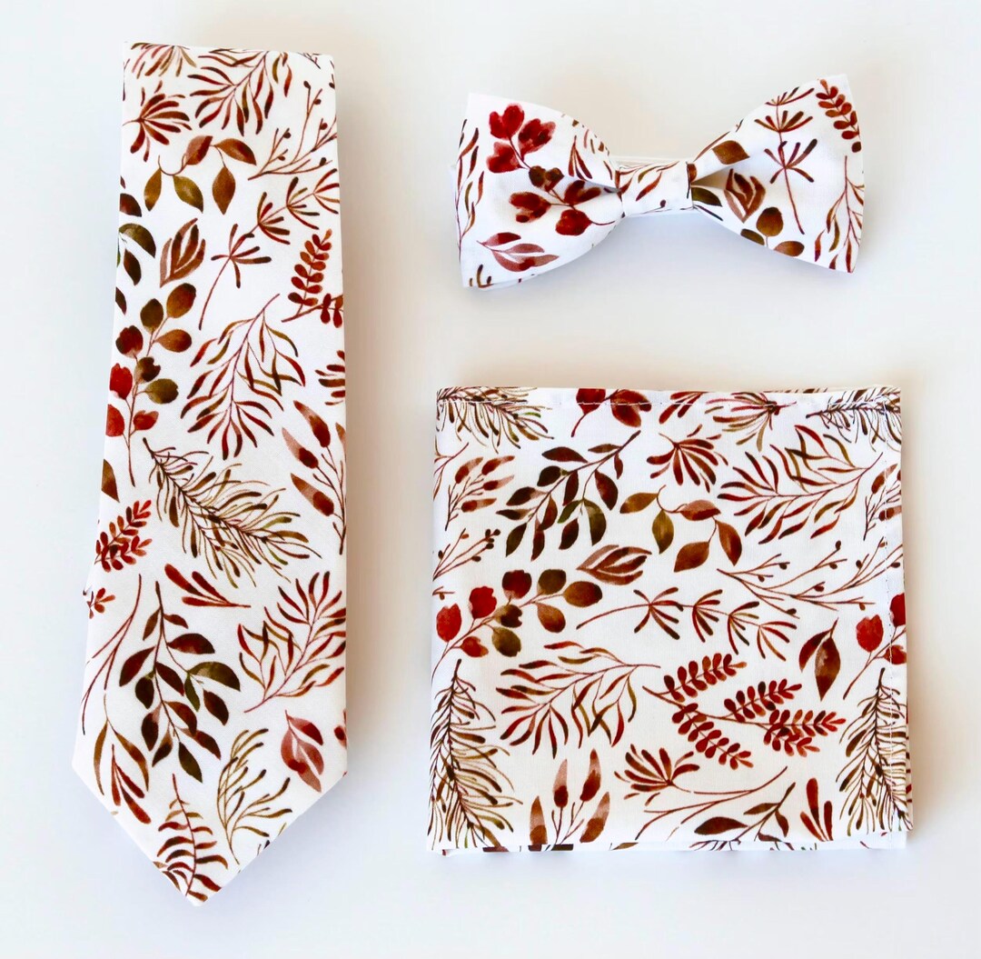 Burnt Orange Floral Mens Ties, Wedding Autumn Necktie, Bow Tie, Pocket ...