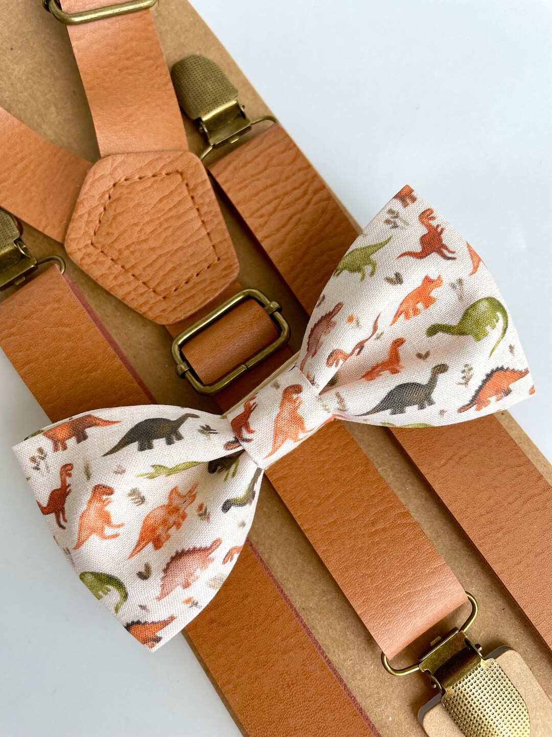 Dinosaur Bow Tie and Vintage Tan Suspenders Set, Dino’s Boys Bow Tie ...