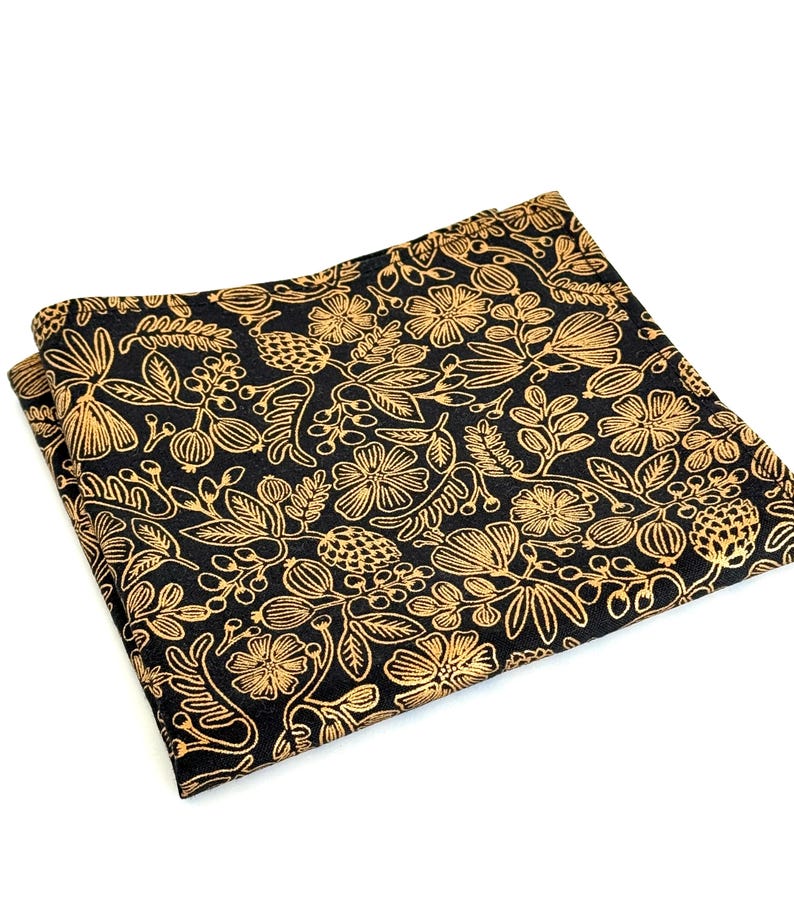 Black Gold Floral Necktie, Bow Tie, Pocket Square, Metallic Gold ...