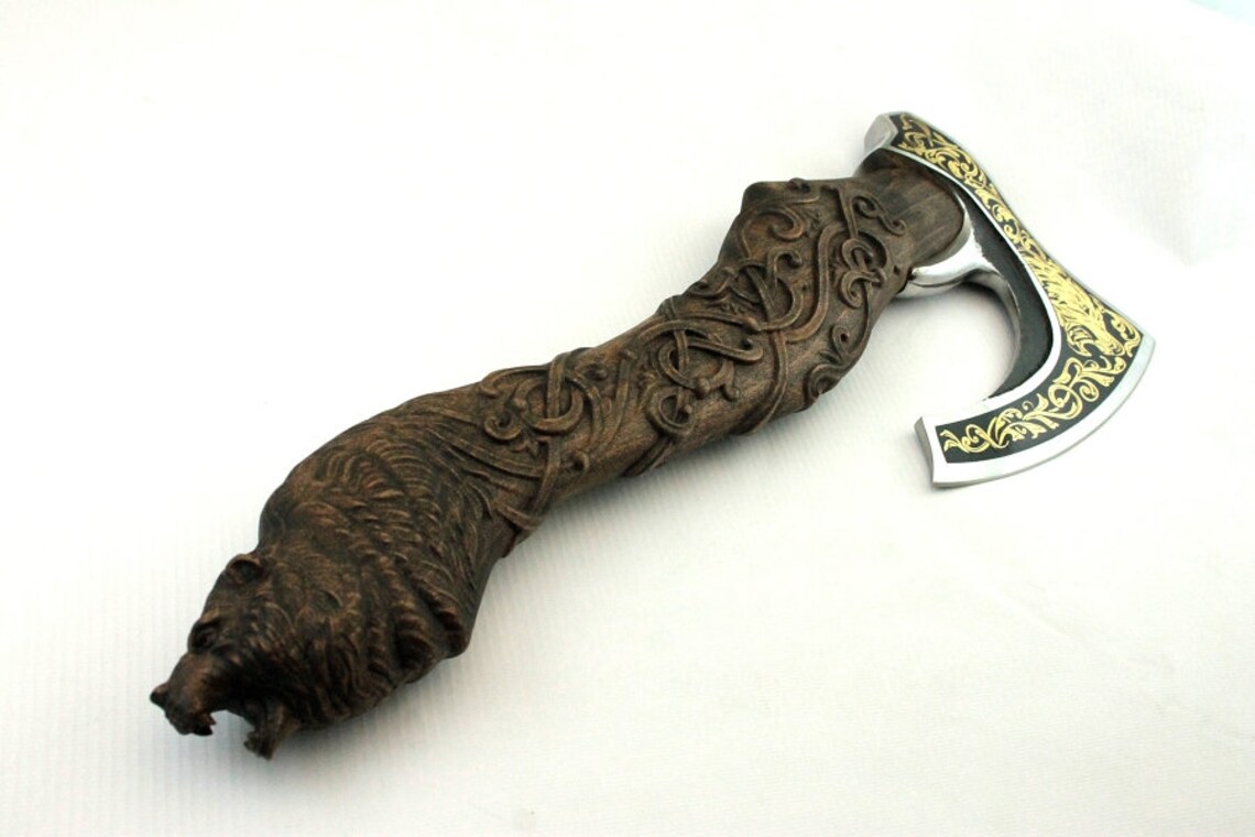 Axe. Bear. Drawing on metal. Carved gift the axe. Gilded | Etsy