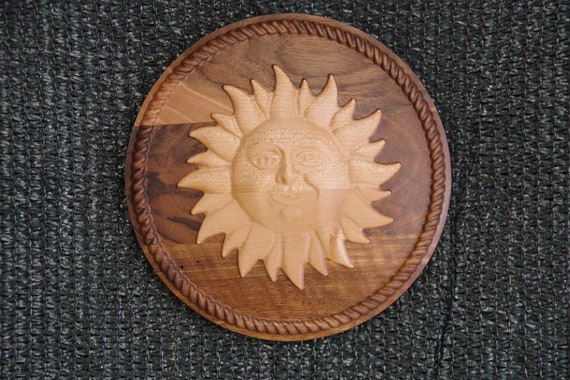 SUN massive wooden carved intarsia made from 2 sorts of wood | Etsy