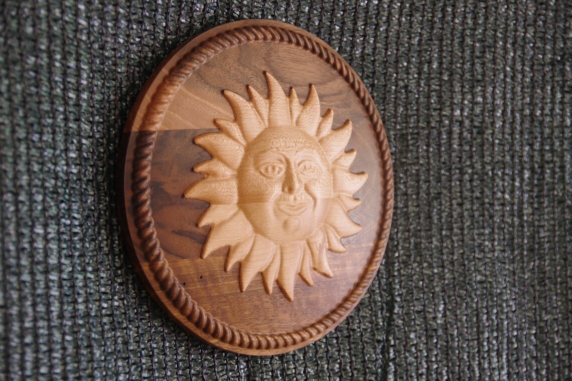 SUN massive wooden carved intarsia made from 2 sorts of wood | Etsy