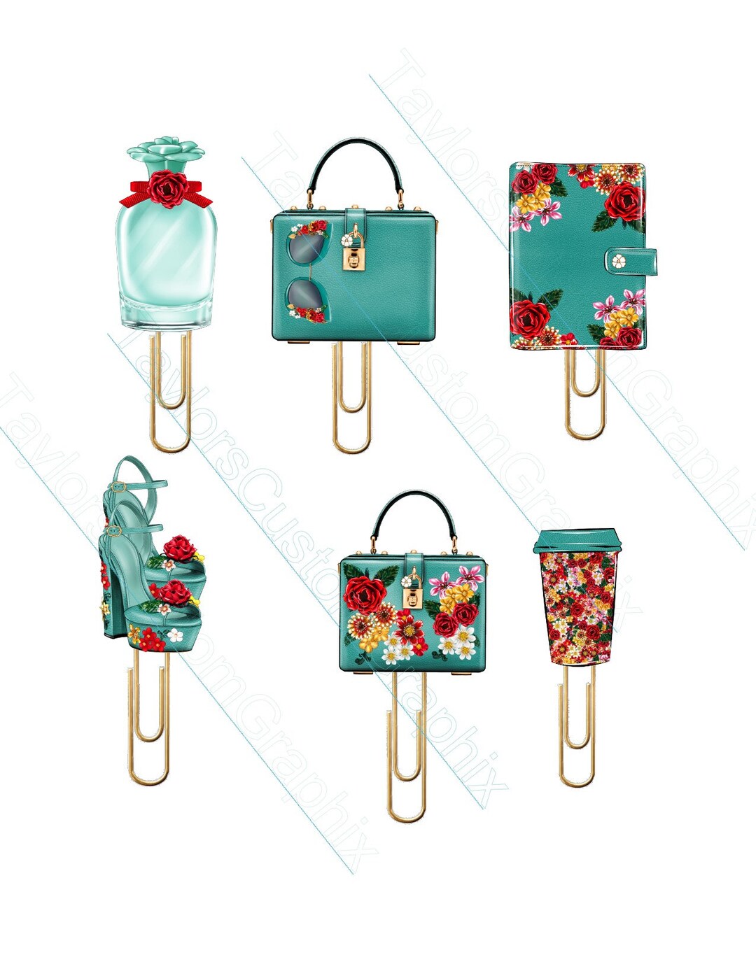 Paper Clips, Red and Blue Paper Floral Clip Set, Teal, Red, Yellow ...