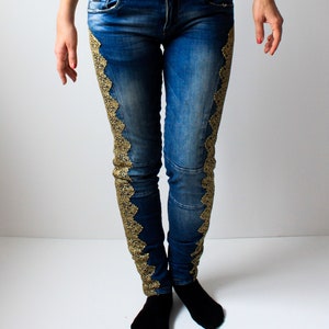 Blue Jeans, Jeans & Gold Trim, Gold Lace Trim, Steetwear, Skinny Tight ...