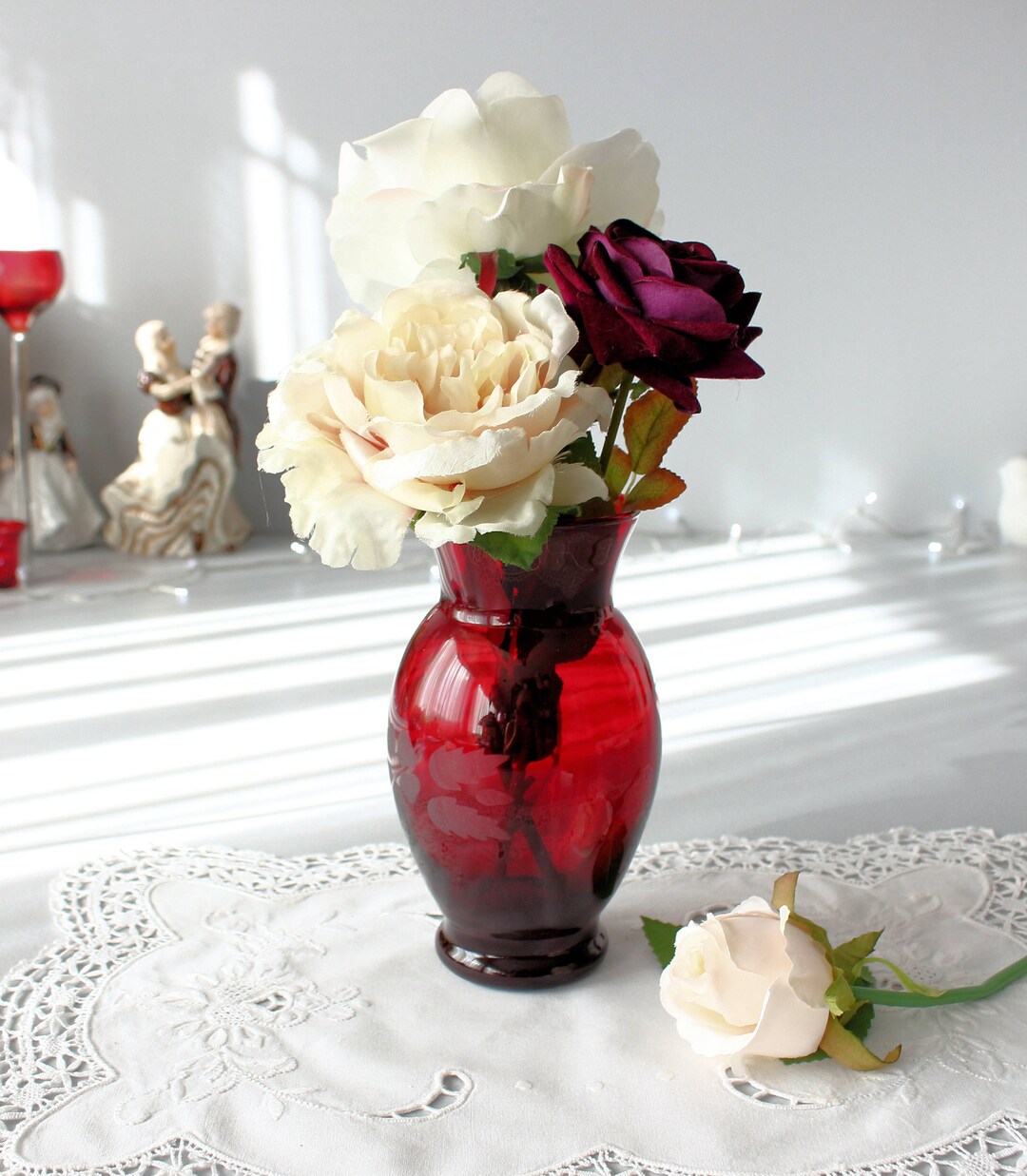 Ruby Red ANCHOR HOCKING Glass Vase, Antique Dark Red Flower Vase, Ruby ...