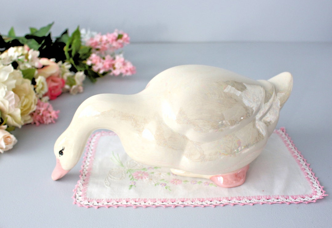 Vintage Duck, Large Iridescent Ceramic Bird, White Smooth Duck, Garden ...