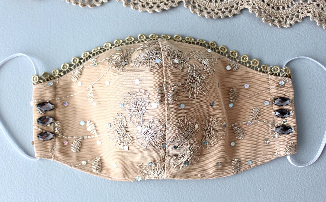 Fancy Face Mask Beige & Brown Fabric Mask Rose Applique - Etsy