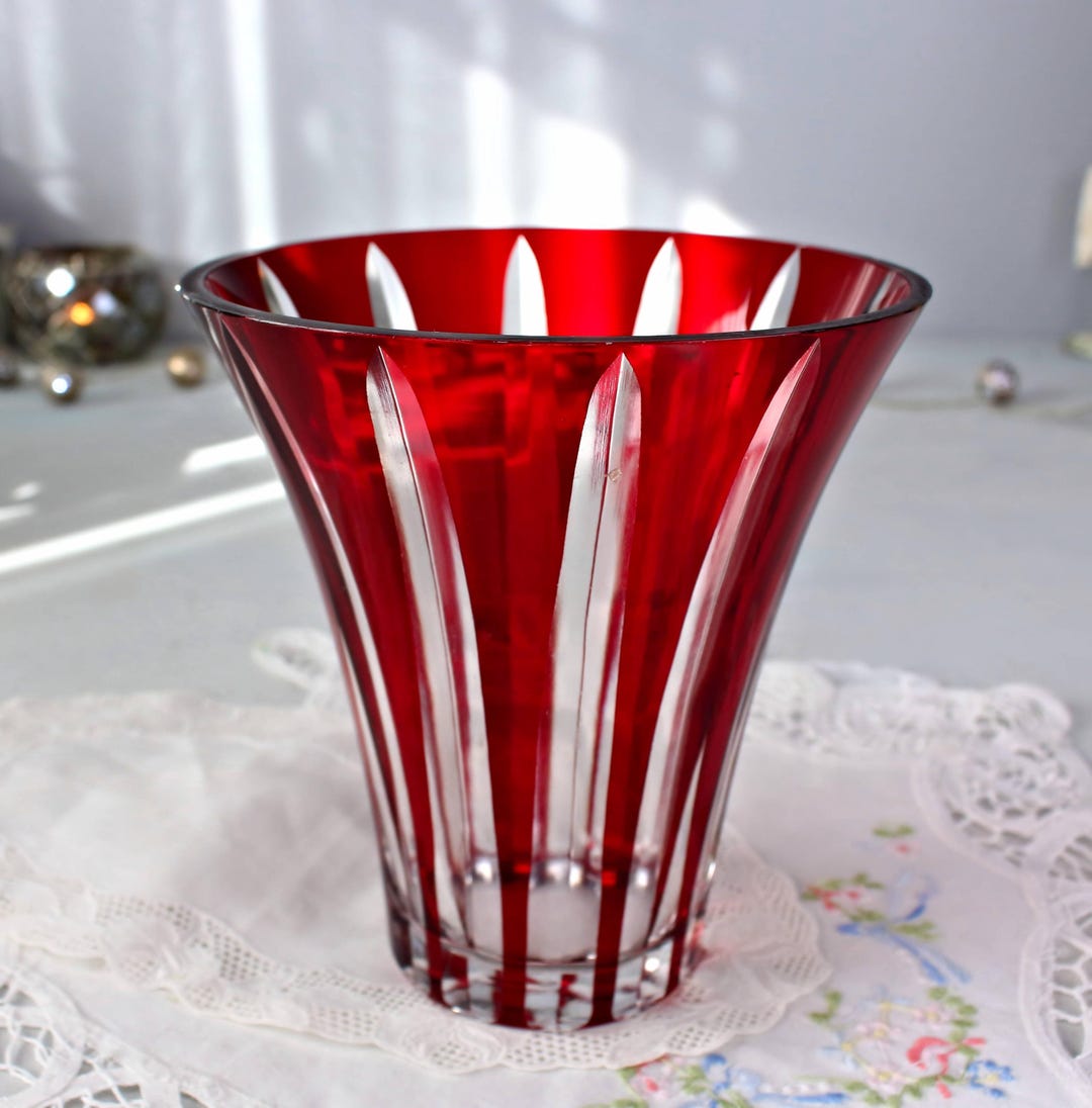 BOHEMIAN RUBY VASE, Crystal Wide Flower Vessel Cut to Clear Vertical ...