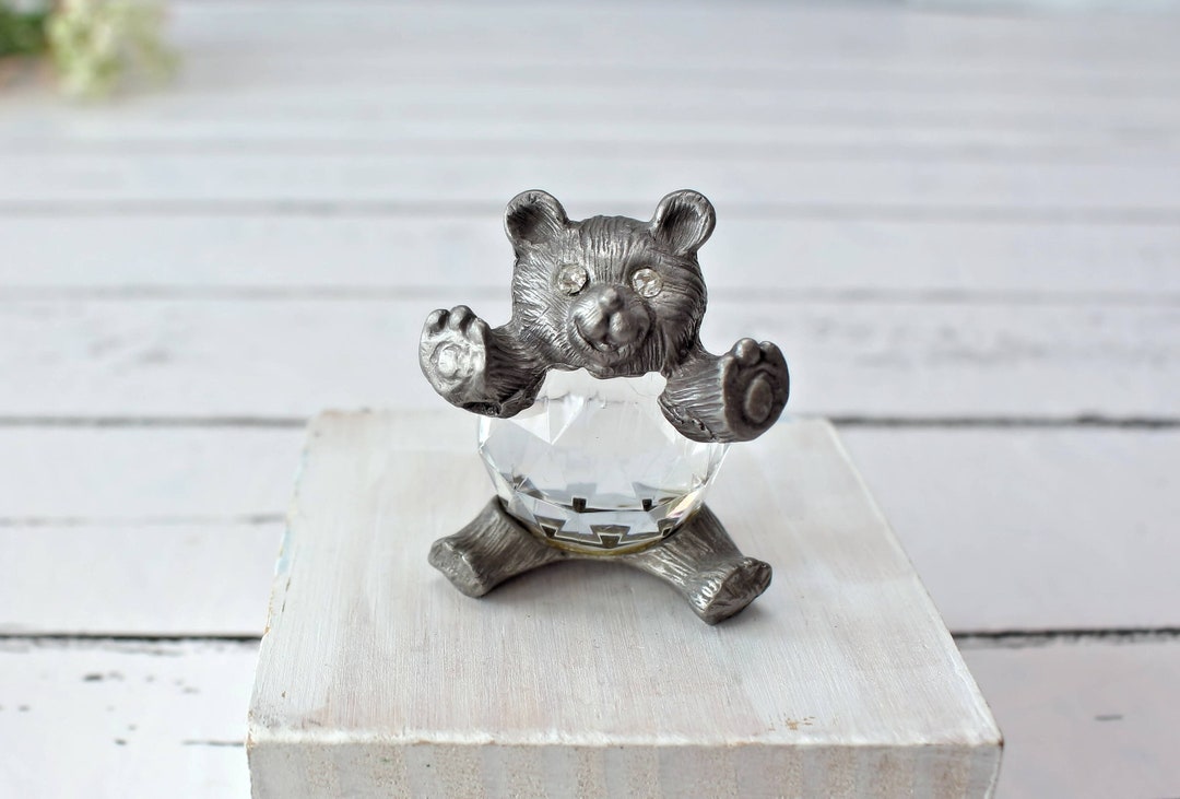 Miniature Bear, Pewter Crystal Bear, Crystal Eyes, Faceted Crystal ...