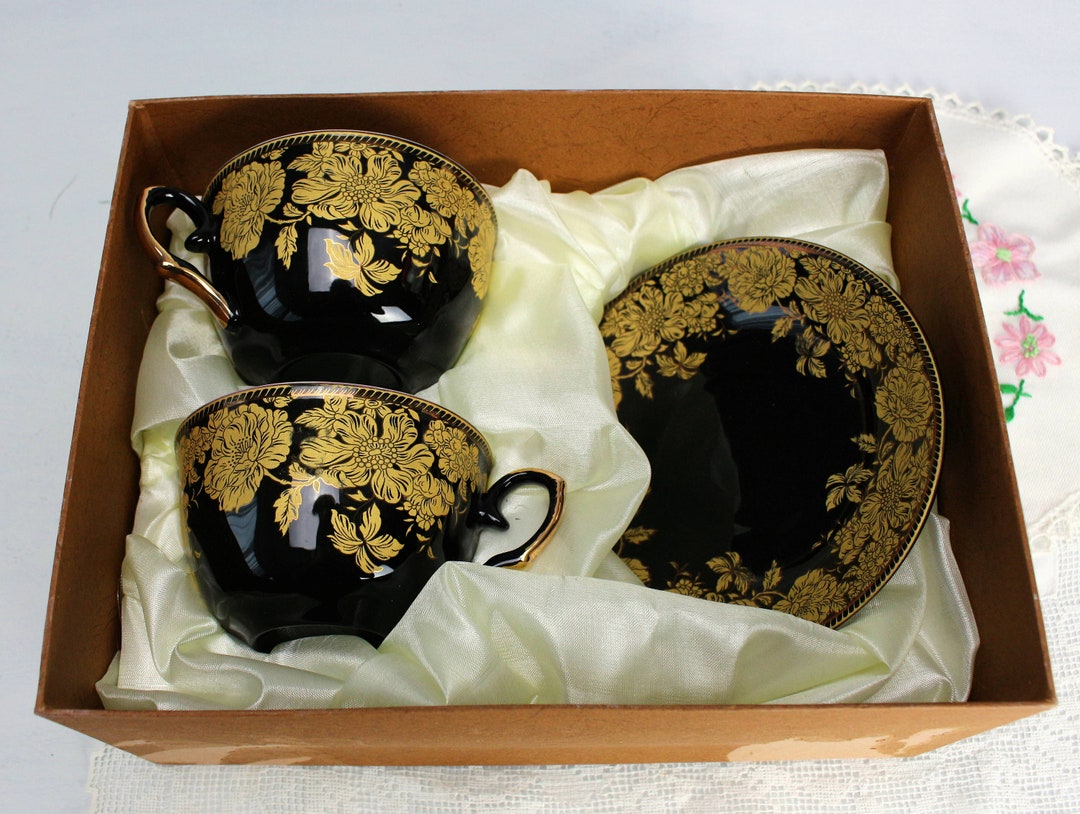 Black Gold Teapots and Saucers, Set of 2, Gold Floral Pattern ...