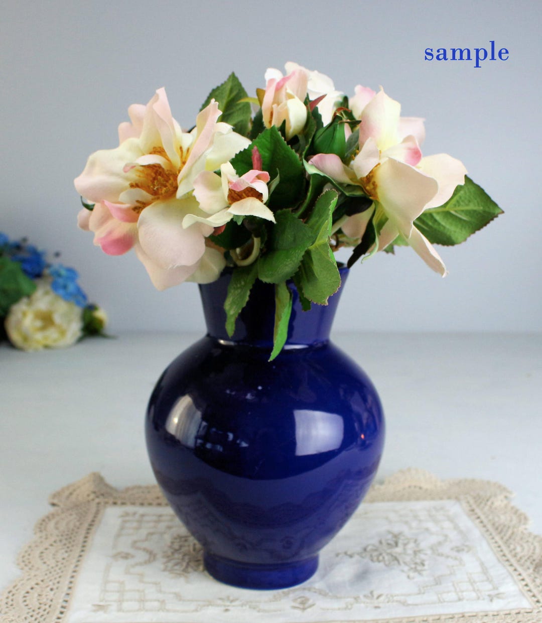 Vintage Cobalt Blue Ceramic Flower Vase, Glossy, 7.5inches, Round ...