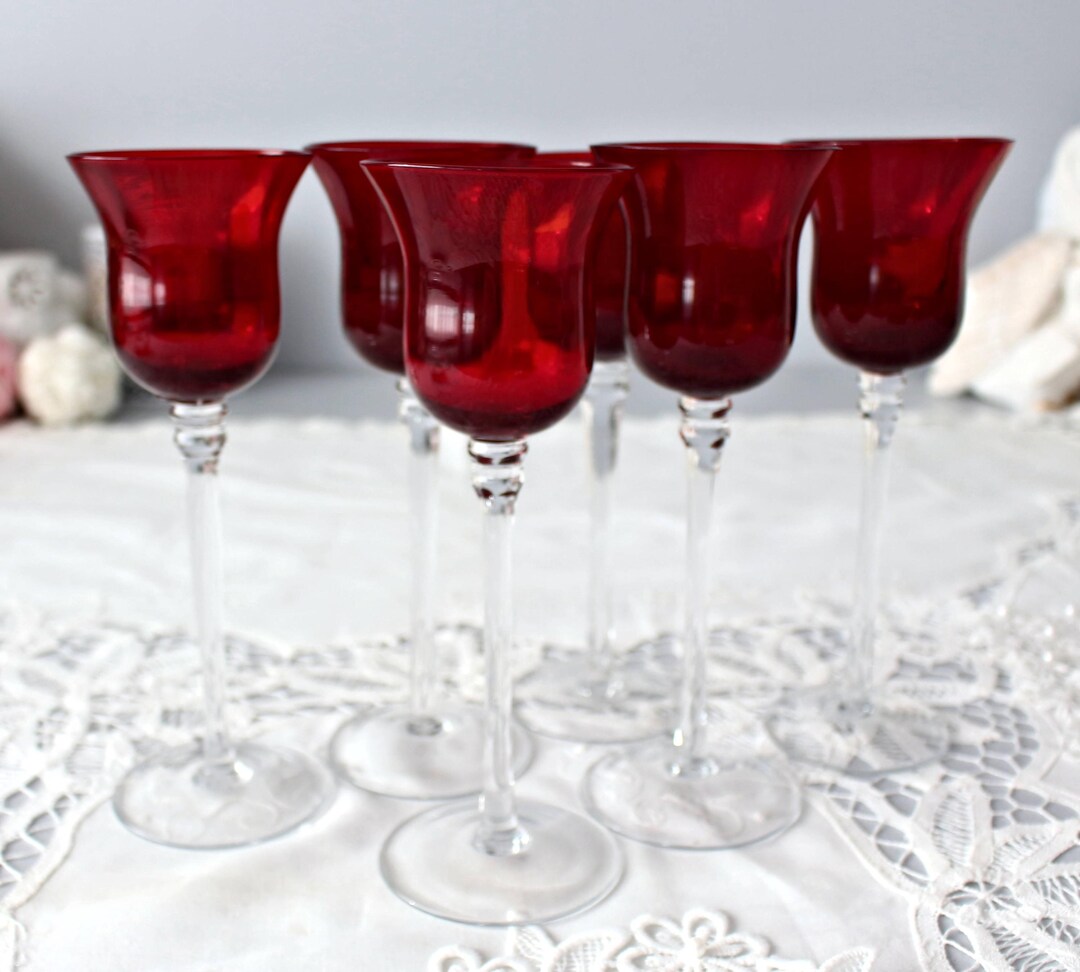 RUBY RED GOBLETS, 6 Dark Red Bowl Long Stem Liquor Glasses, Vintage ...