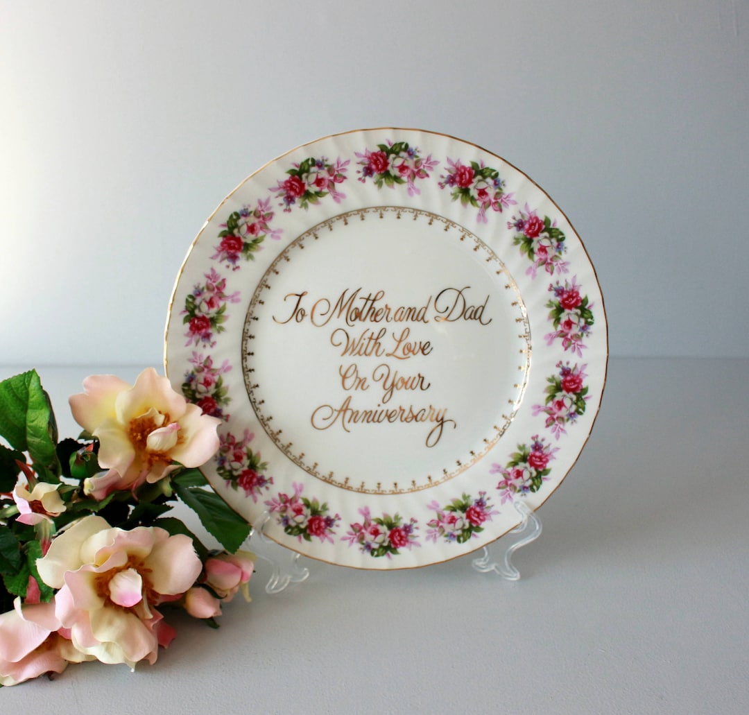 Anniversary to Mother and Dad Plate, Pink Roses, 27cm Fine China ...