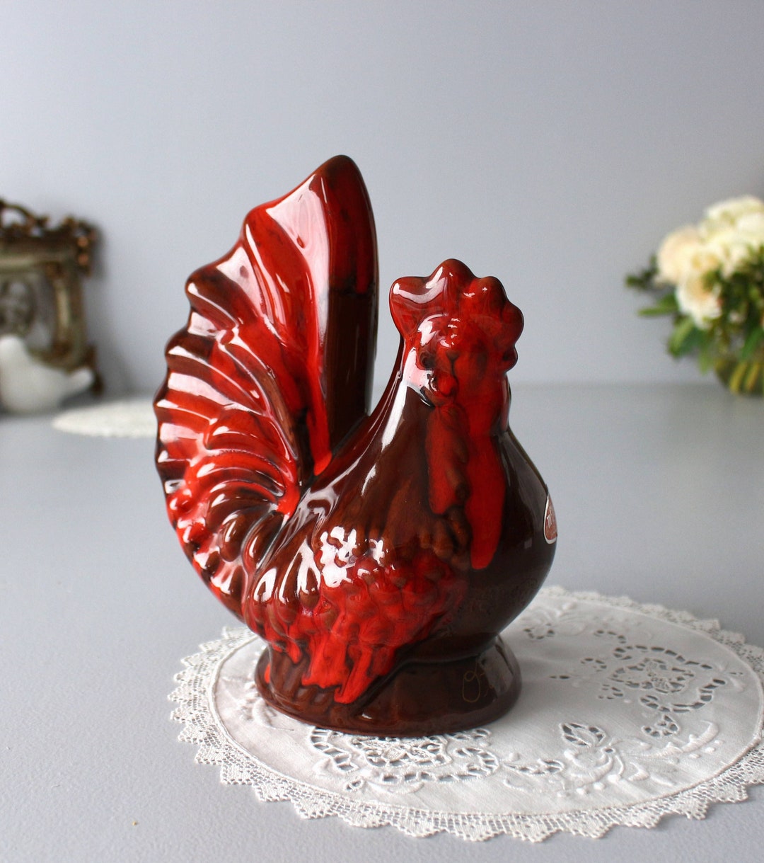 Red Rooster, Canadian Pottery Figurine, Large Heavy Ceramic Bird, Retro ...