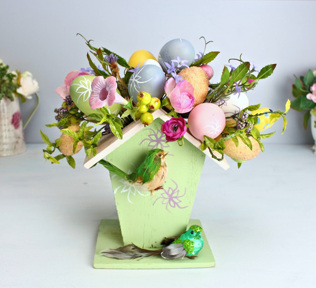 EASTER EGGS Birdhouse, Table Decor, Centerpiece, Pastel Painted Eggs ...