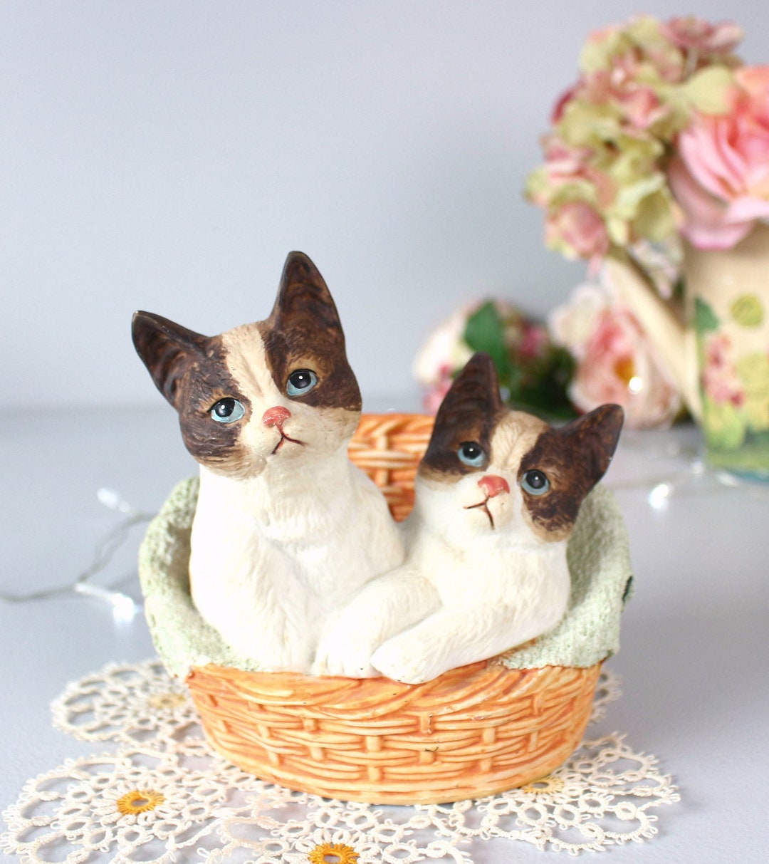 Antique Musical Box, Ceramic Cats in the Basket, Cat Music Box ...
