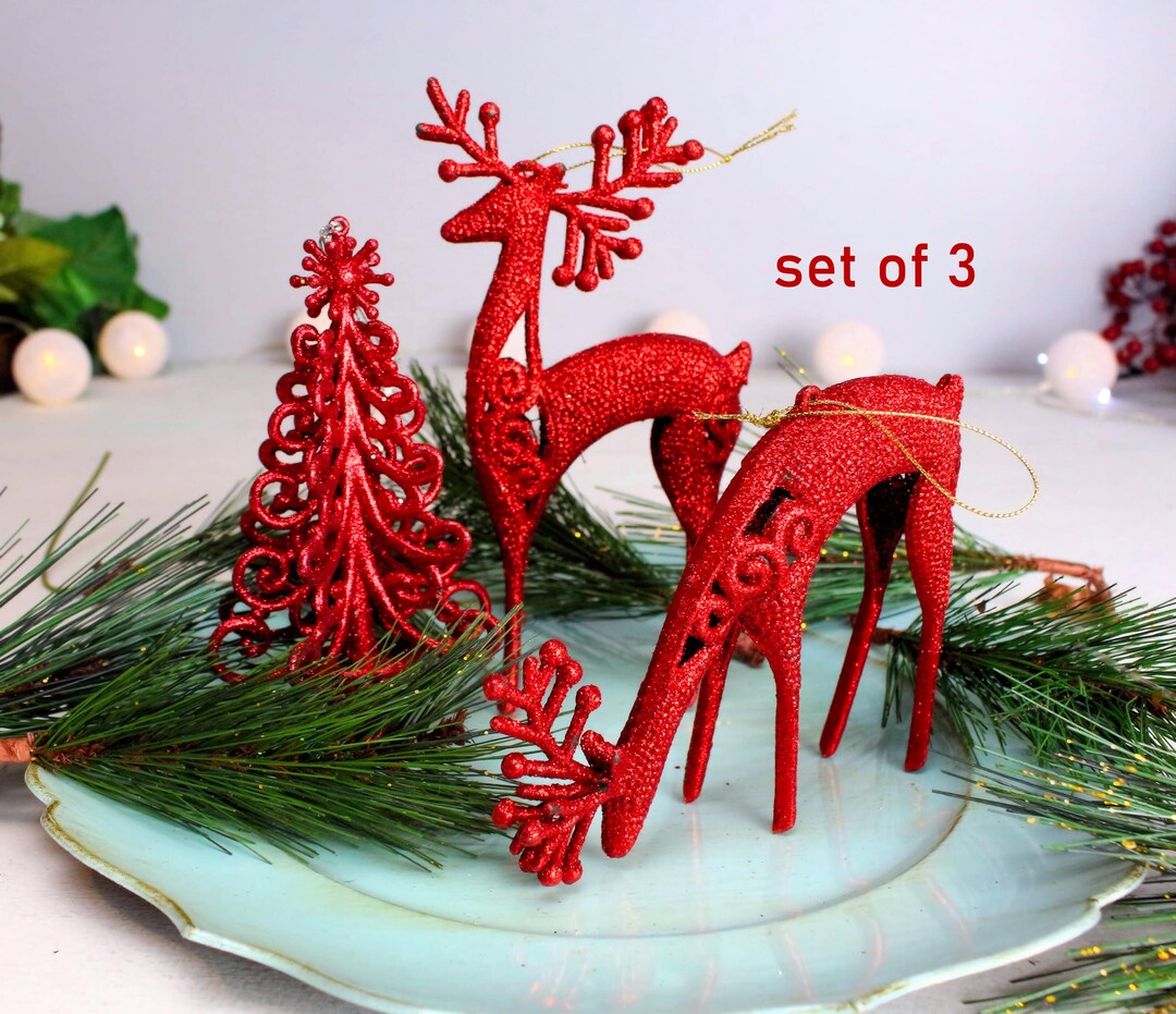 Red Reindeers & Christmas Tree, Glitter Vintage Ornaments, Resin ...
