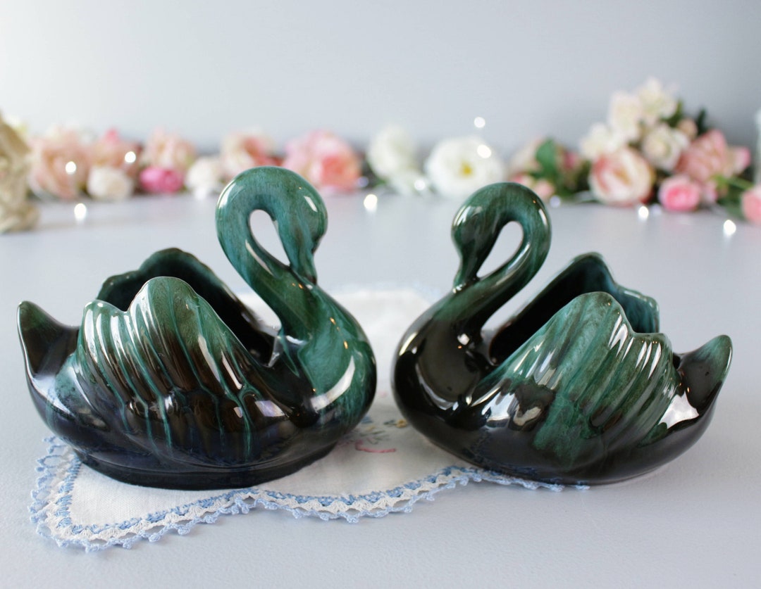 BLUE MOUNTAIN Pottery Swans, Swan Figurines, Green Ceramic Swans, Retro ...