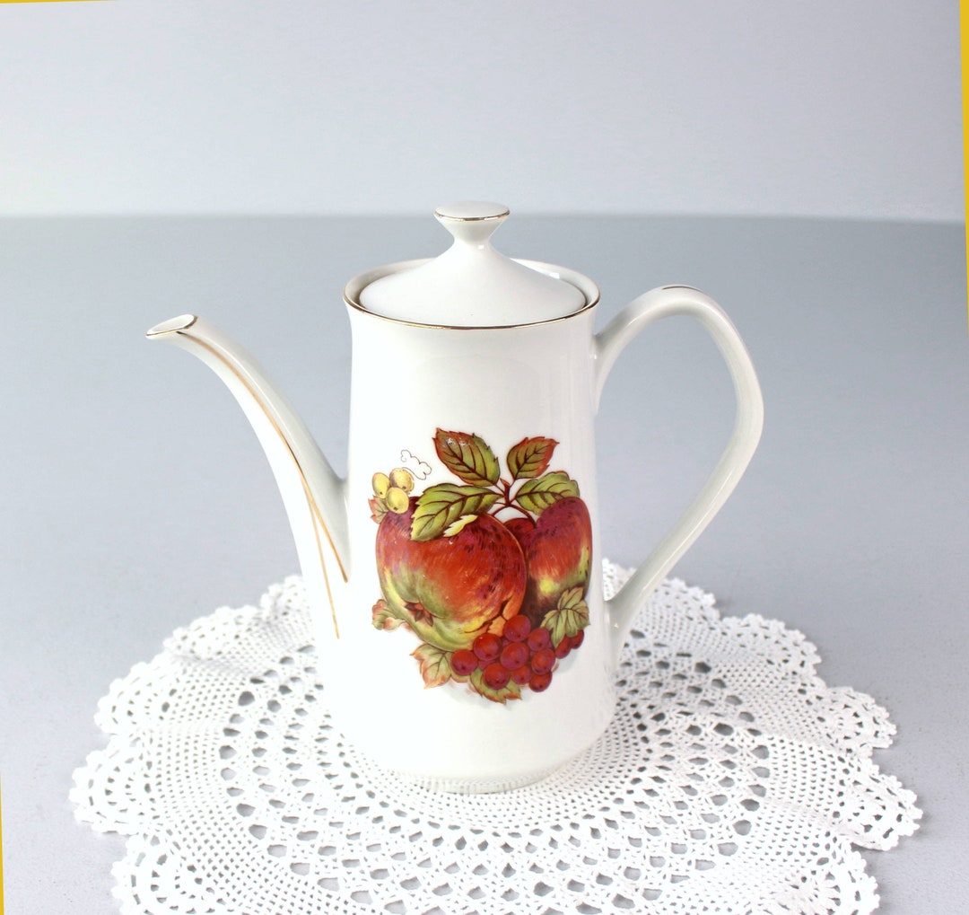Vintage Porcelain Teapot: Tall White Teapot With Apples, Gold Trim ...